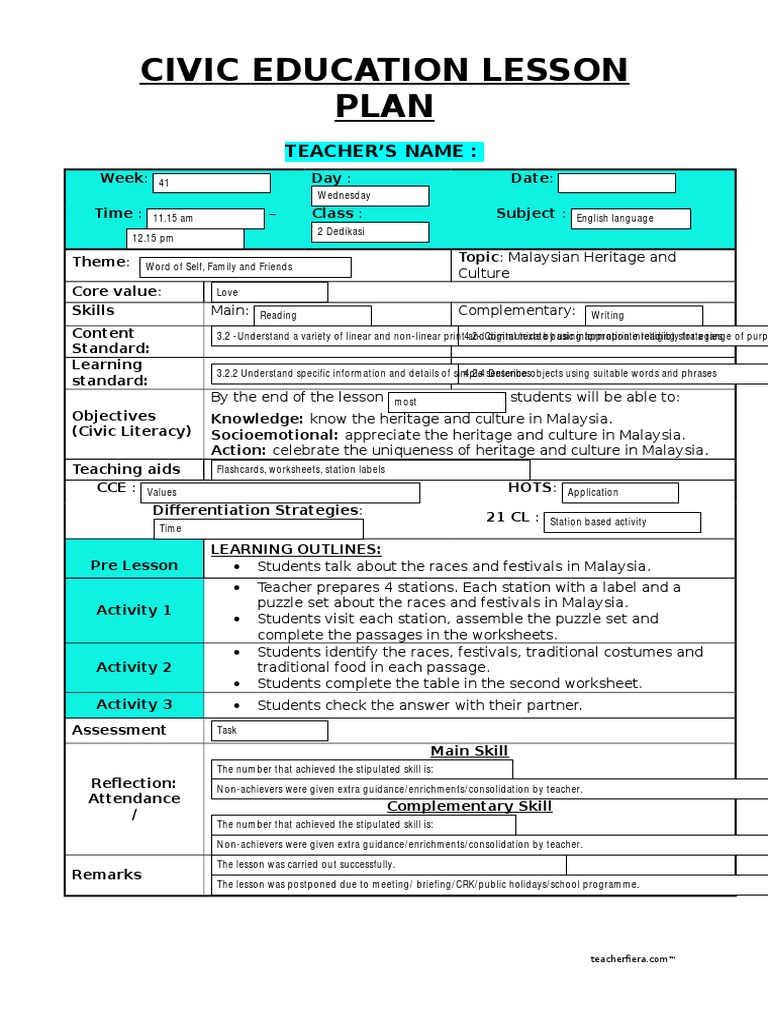 Civic Education Lesson Plan: Teacher'S Name | PDF | Teachers | Pedagogy