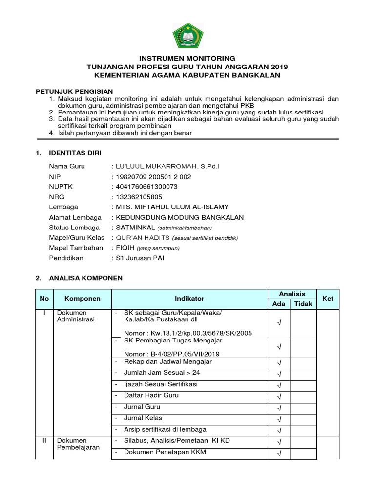 Instrumen Monev TPG | PDF