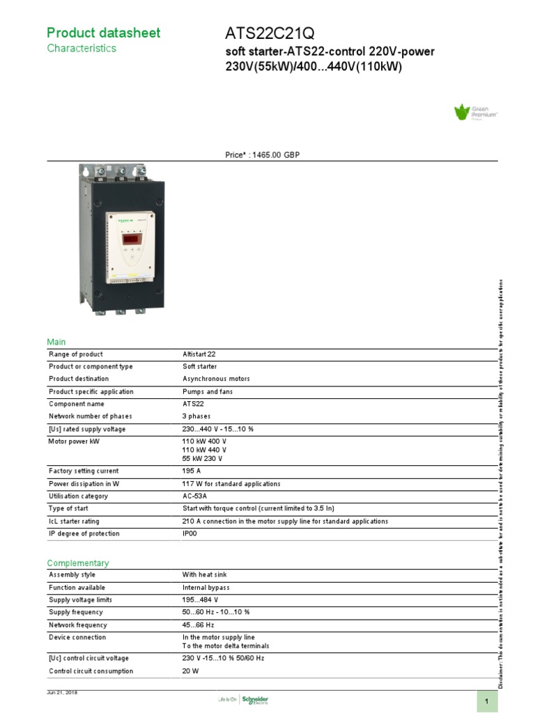 Altistart 22 ATS22C21Q Soft Starter Datasheet | PDF | Electric Motor ...