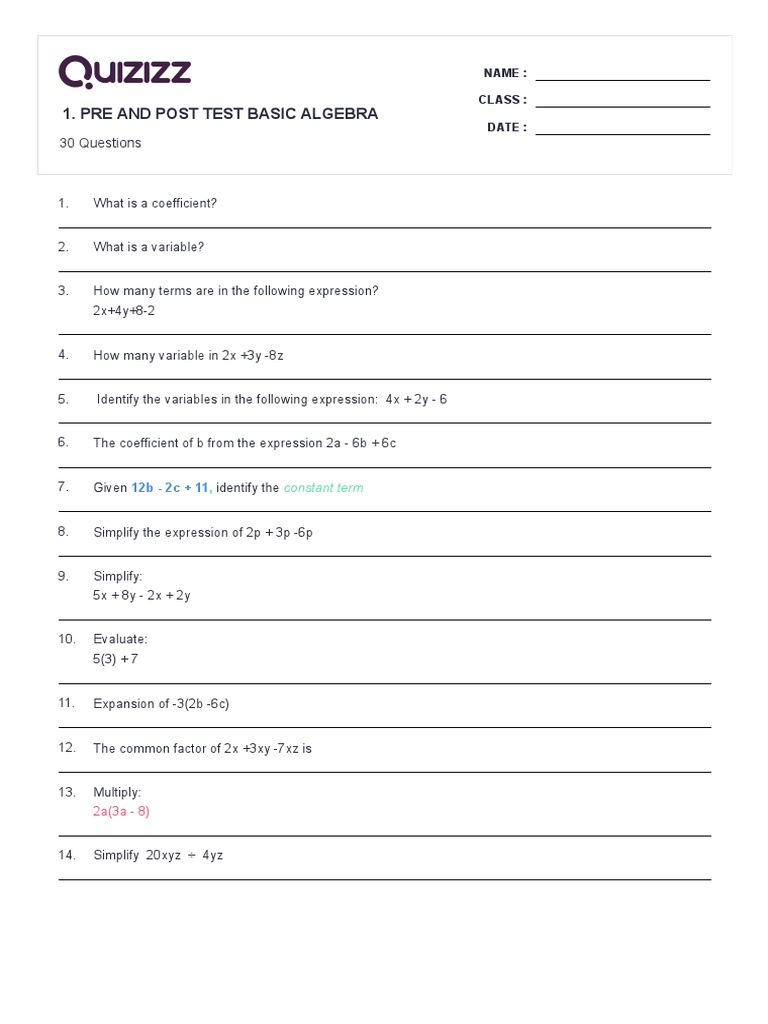 Pre and Post Test Basic Algebra: 30 Questions | PDF | Teaching Methods ...