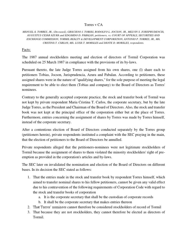 Torres V CA | PDF | Board Of Directors | Corporations