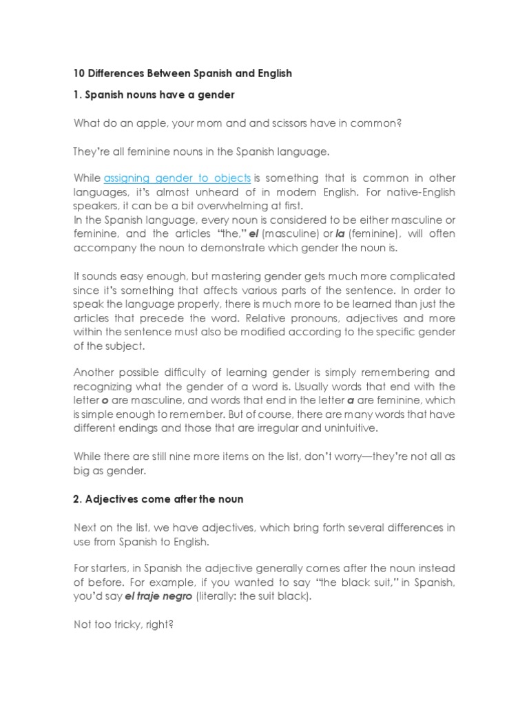 Key Grammar Differences: Spanish vs English | PDF | Grammatical Gender ...