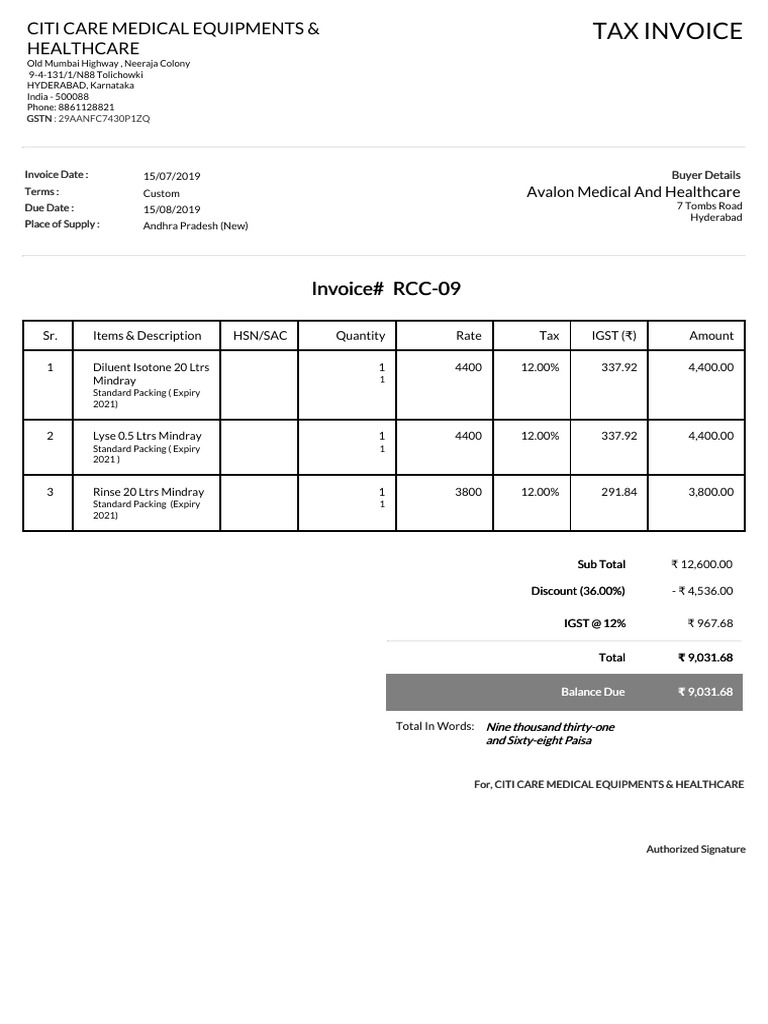 Invoice# Invoice# RCC-09 RCC-09: Avalon Medical and Healthcare | PDF ...