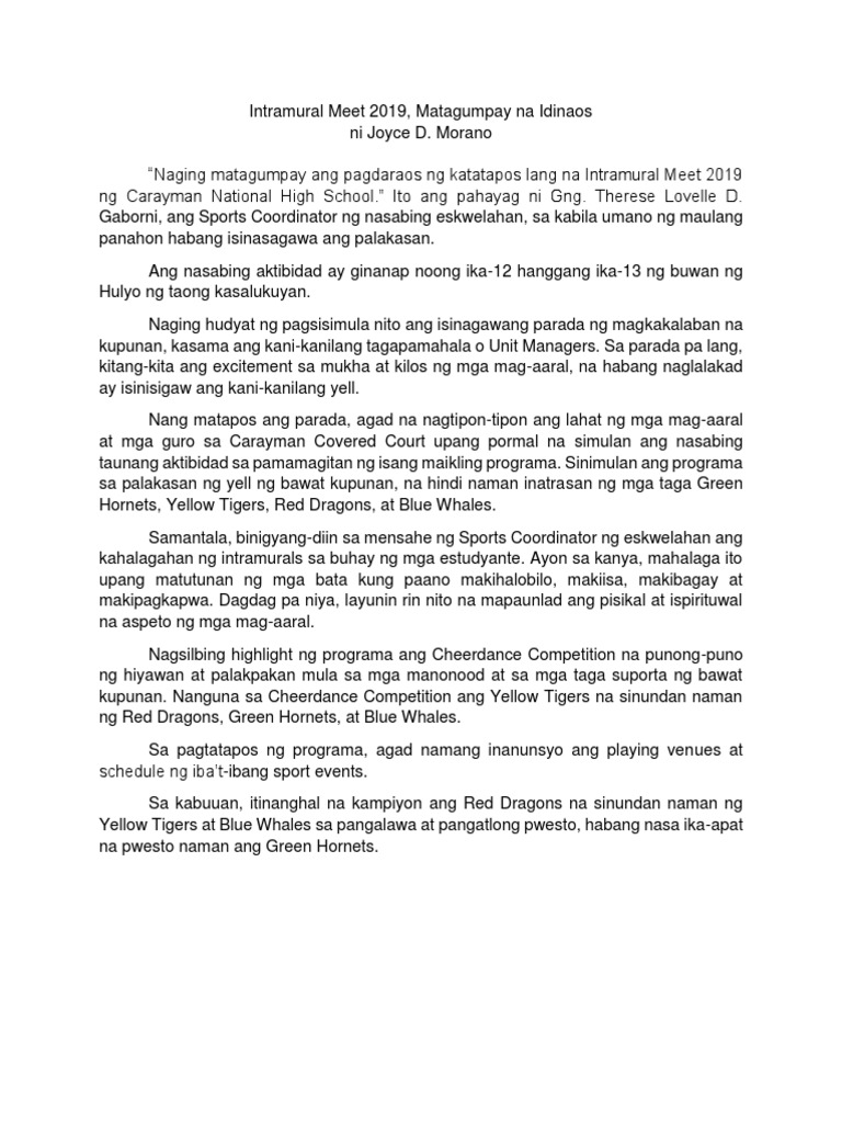 News Article On Intramurals 2019 | PDF