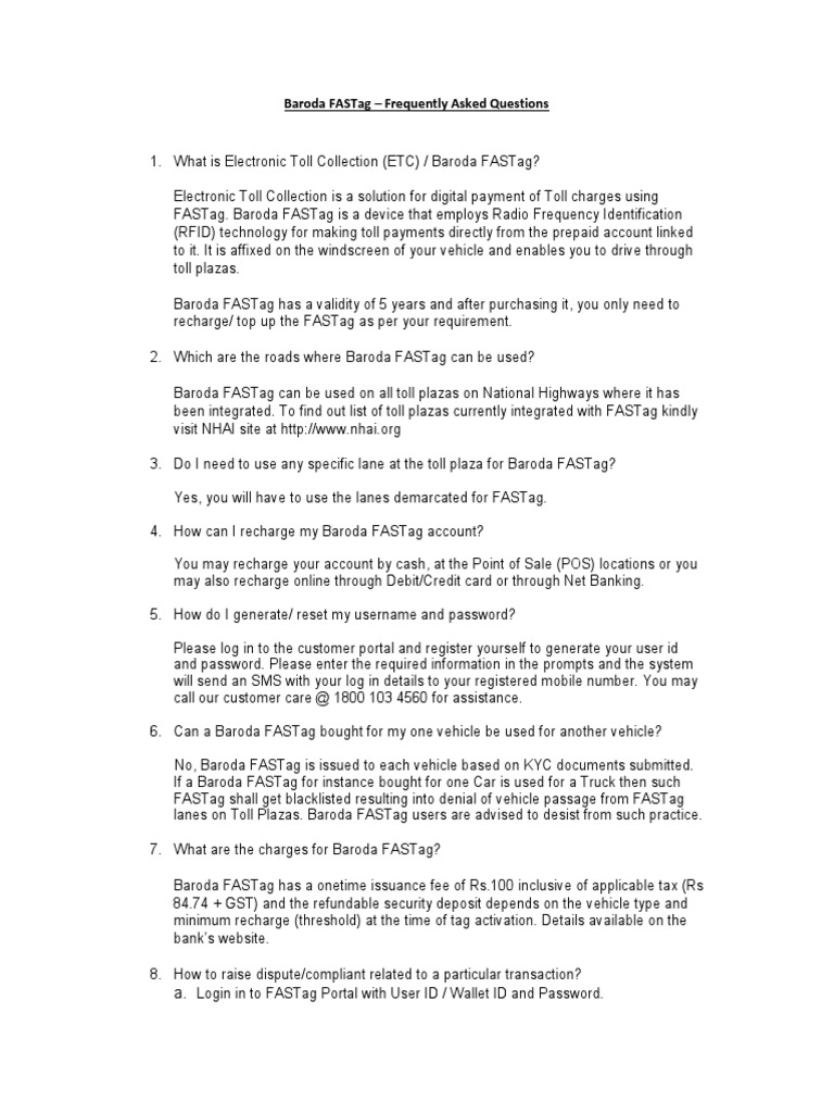 Bank of Baroda Fastag | PDF | Toll Road | Point Of Sale