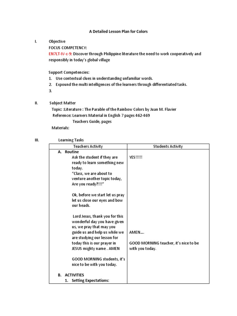 A Detailed Lesson Plan For Colors | PDF | Lesson Plan | Color