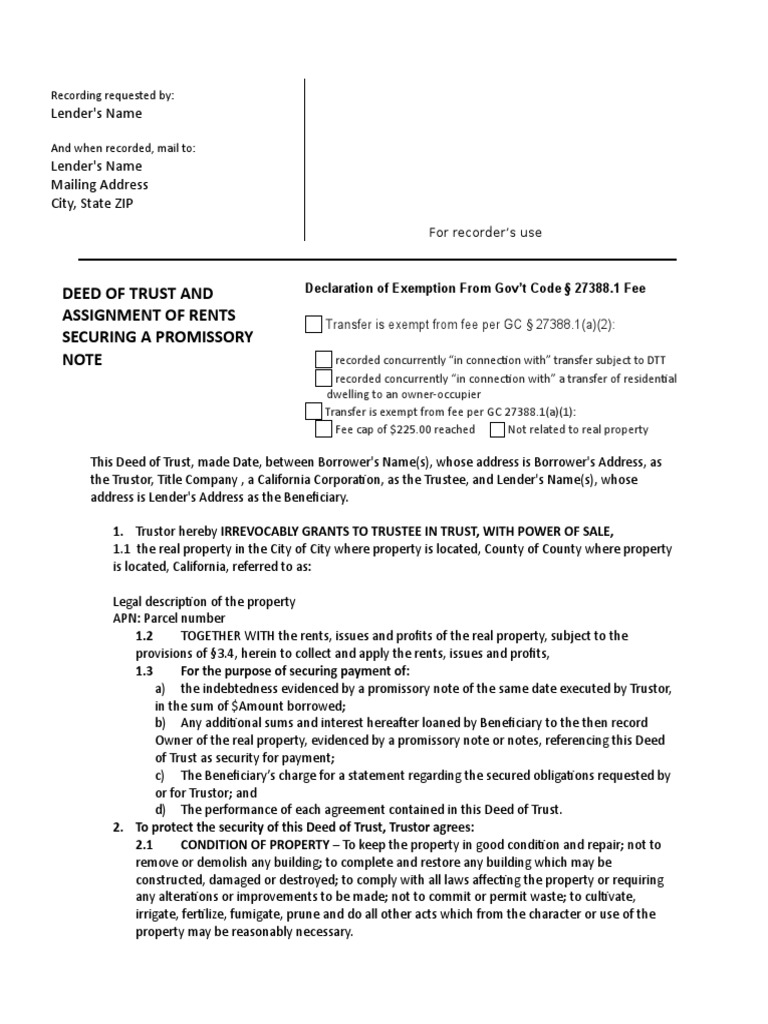 Deed of Trust and Assignment of Rents Securing A Promissory Note | PDF ...