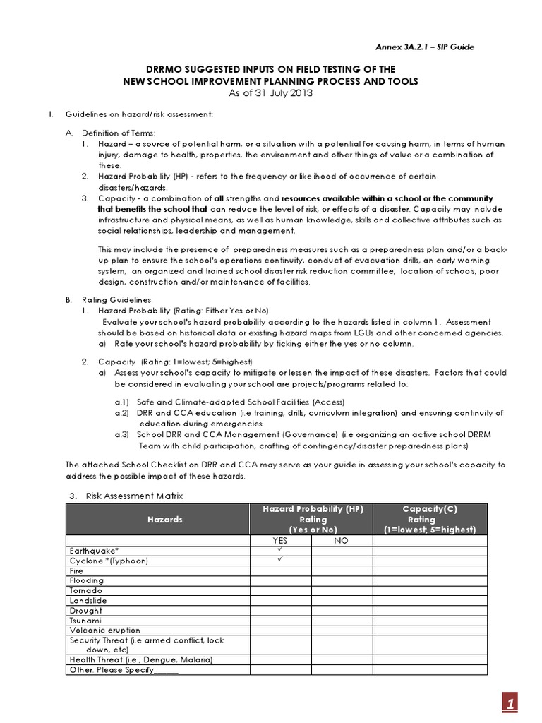 Drrmo Suggested Inputs On Field Testing of The New School Improvement ...