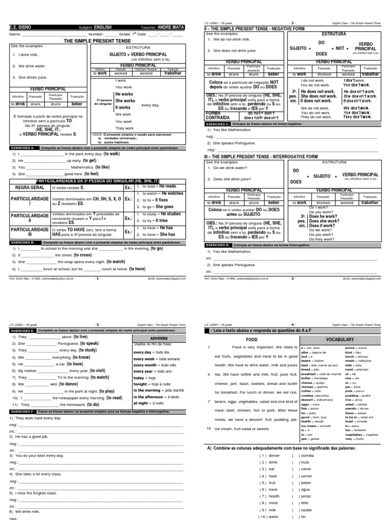 Simple Present Booklet | PDF | Assunto (gramática) | Alimentos