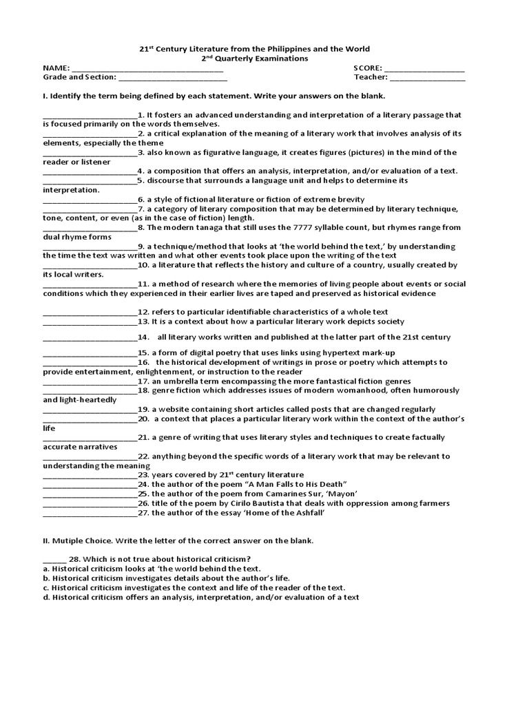 Analysis of a Literature Exam Covering 21st Century Works from the ...