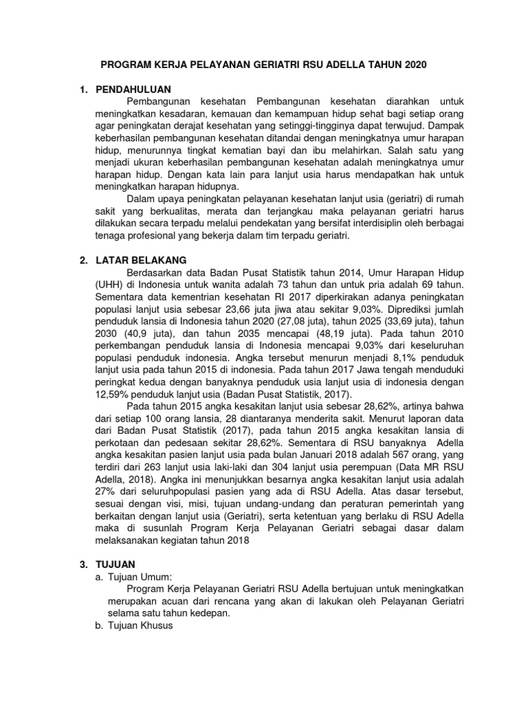 Program Kerja Geriatri RSU Adella 2020 | PDF