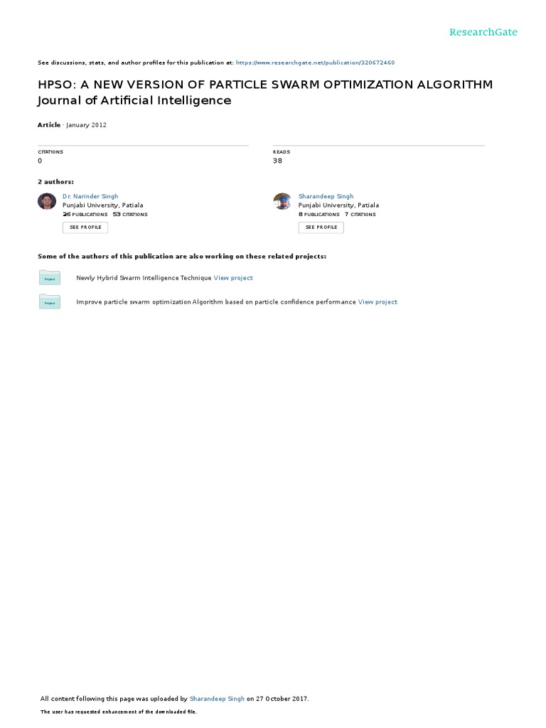 Hpso: A New Version of Particle Swarm Optimization Algorithm Journal of Artificial Intelligence ...