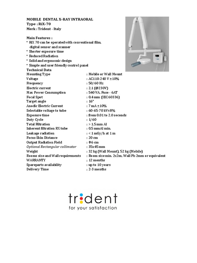 Mobile Dental X Ray Intraoral Type: Rix 70: Merk: Trident Italy Main ...