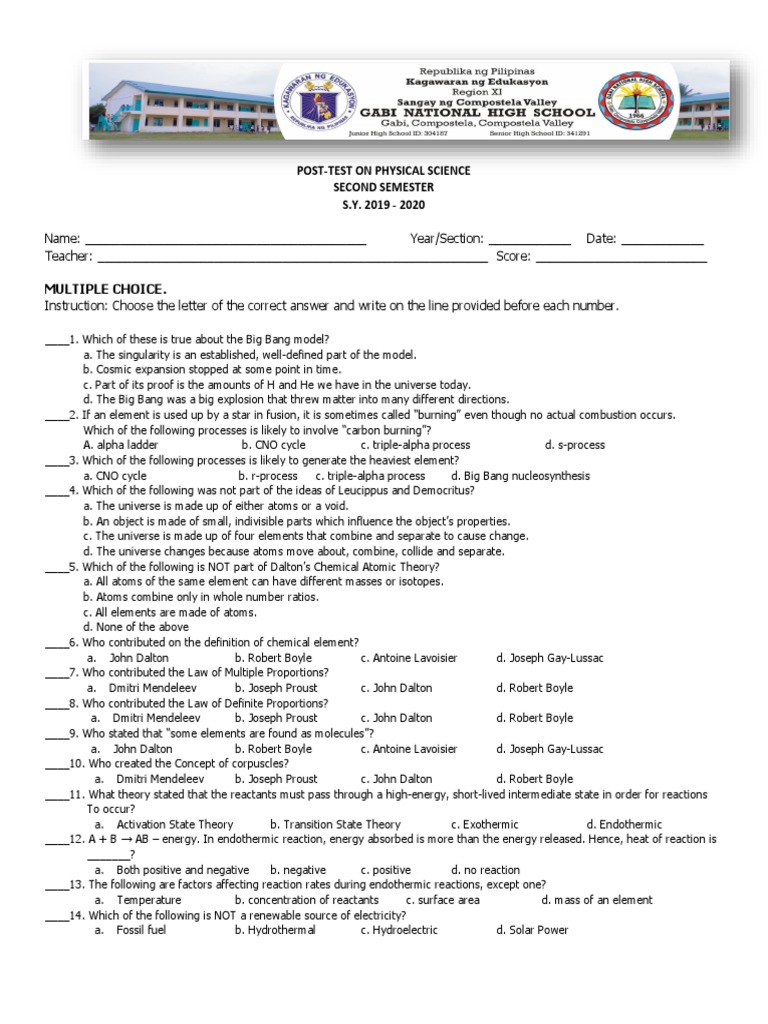 Understanding Physical Science: A Post-Test on Key Concepts | PDF ...