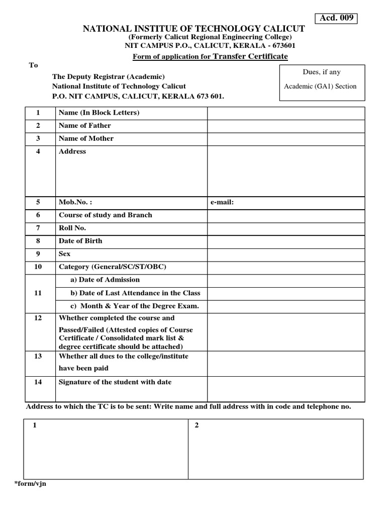 Acd. 009 National Institue of Technology Calicut: Transfer Certificate ...