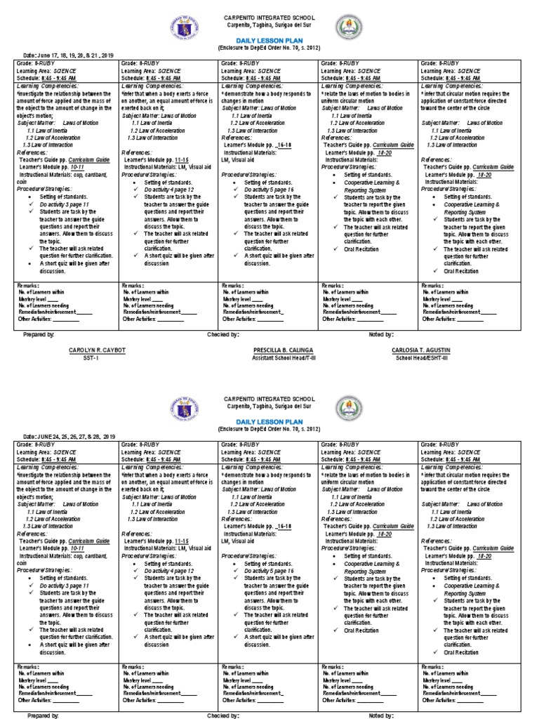 DLL Grade 8 (Science) | PDF | Newton's Laws Of Motion | Inertia