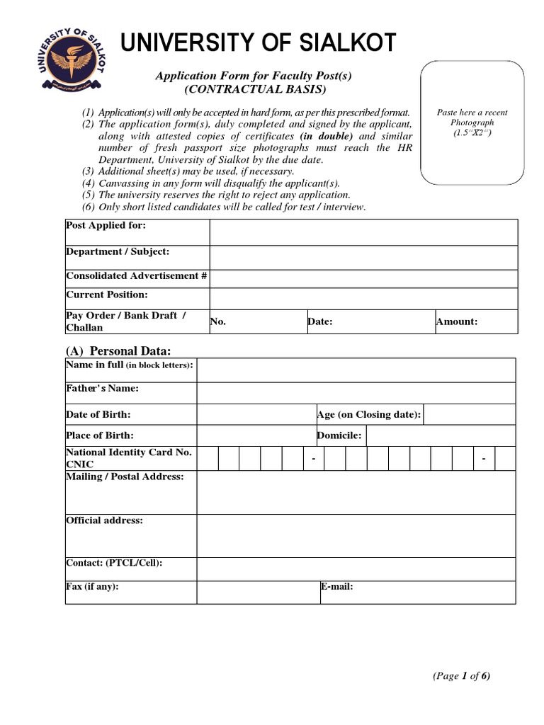 University of Sialkot: Application Form For Faculty Post(s ...