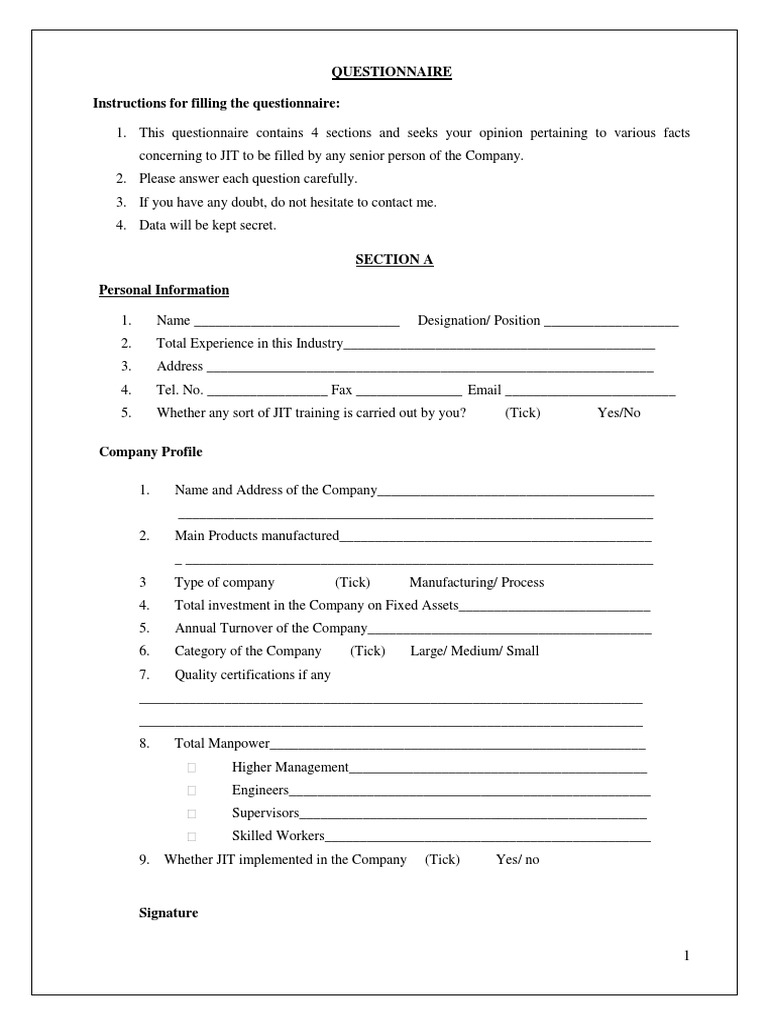 Questionnaire Instructions For Filling The Questionnaire | PDF ...