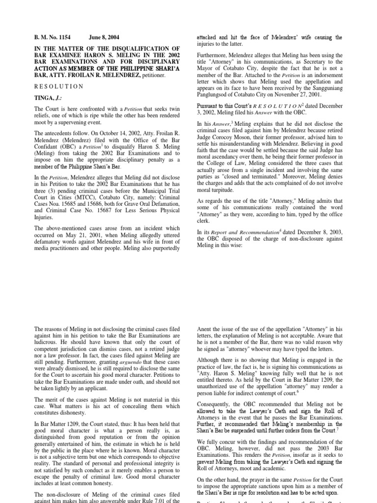 In The Matter of The Disqualification of Bar Examinee Haron S. Meling ...
