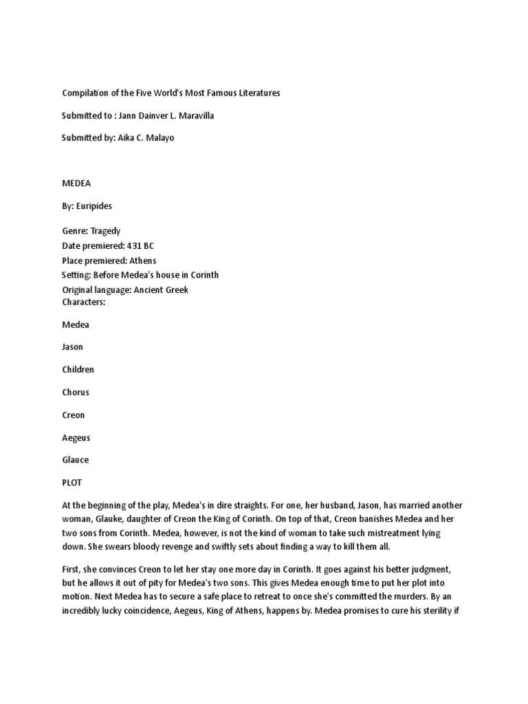 Medea Summary | PDF | Oedipus | King Lear