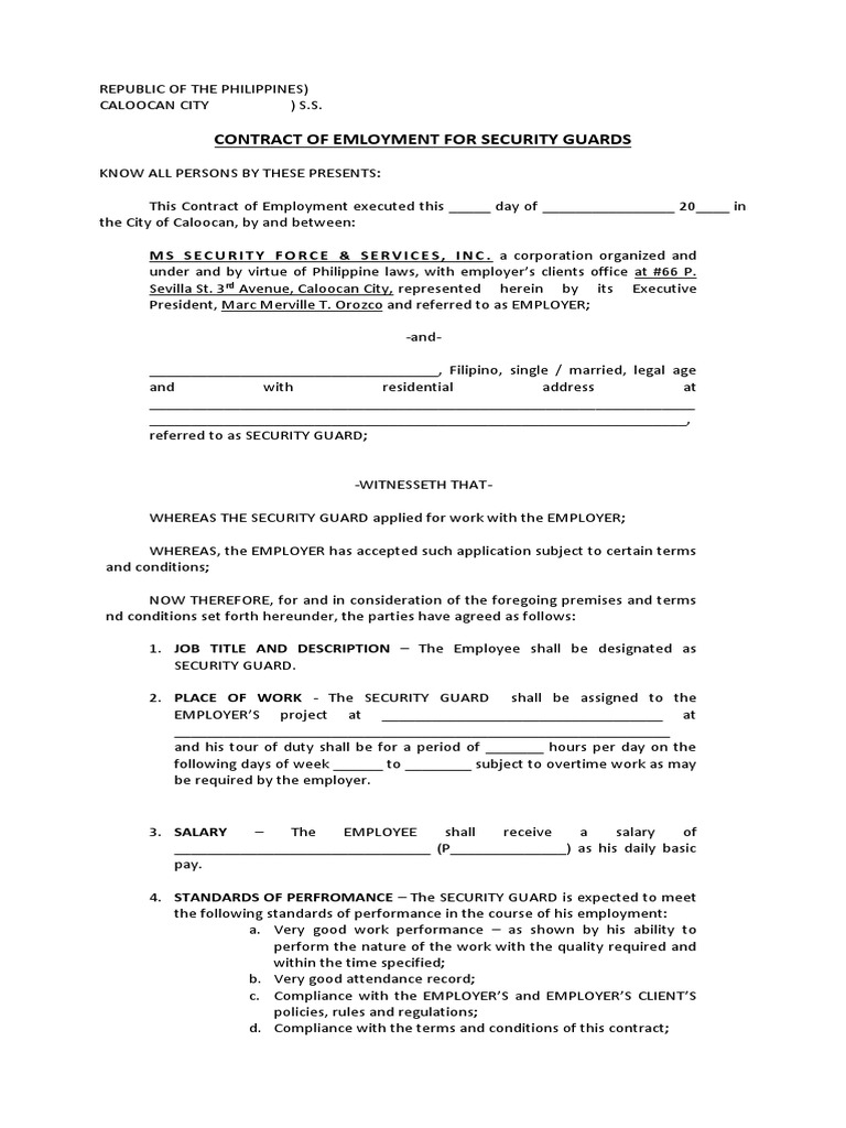 DOLE Employment Contract | PDF | Security Guard | Confidentiality