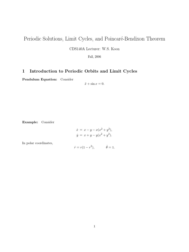Periodic Solutions, Limit Cycles, and Poincar E-Bendixon Theorem | PDF | Orbit | Mathematical ...