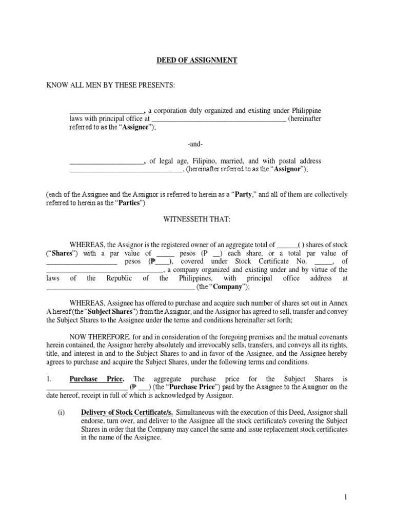 Deed of Assignment Sample - Philippines | PDF | Assignment (Law ...