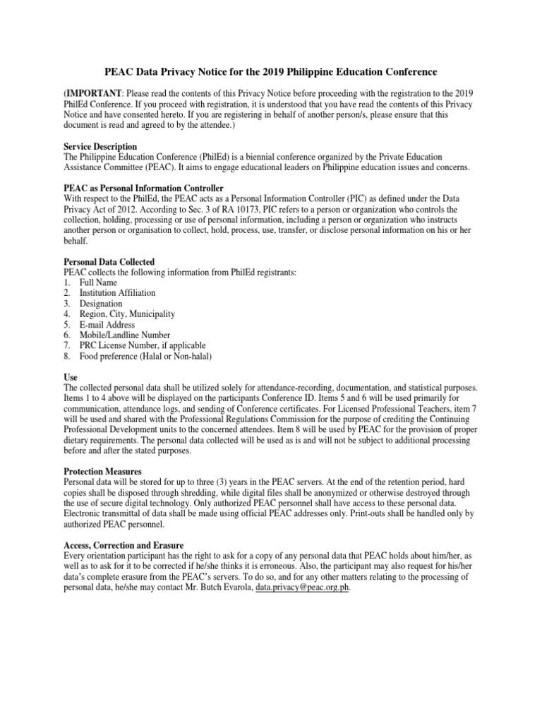 PEAC Data Privacy Notice For The 2019 Philippine Education Conference ...