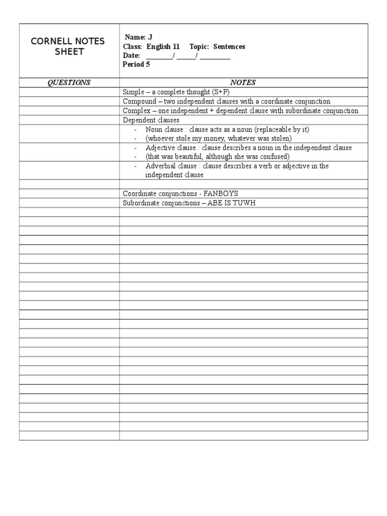 Cornell Notes Sentence | PDF