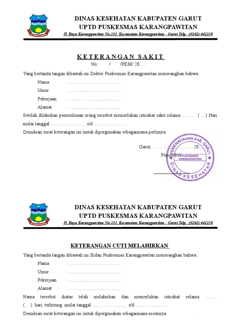 Contoh Surat Keterangan Sakit Puskesmas | PDF
