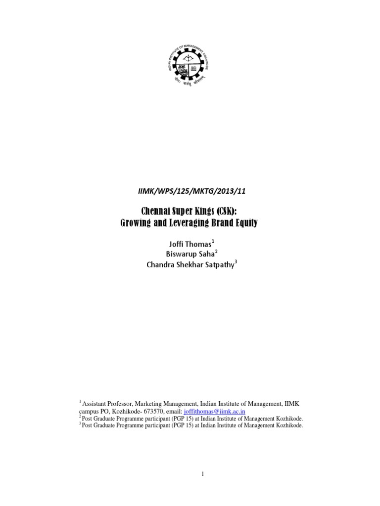 Chennai Super Kings (CSK) : Growing and Leveraging Brand Equity | PDF | Cricket | Sports