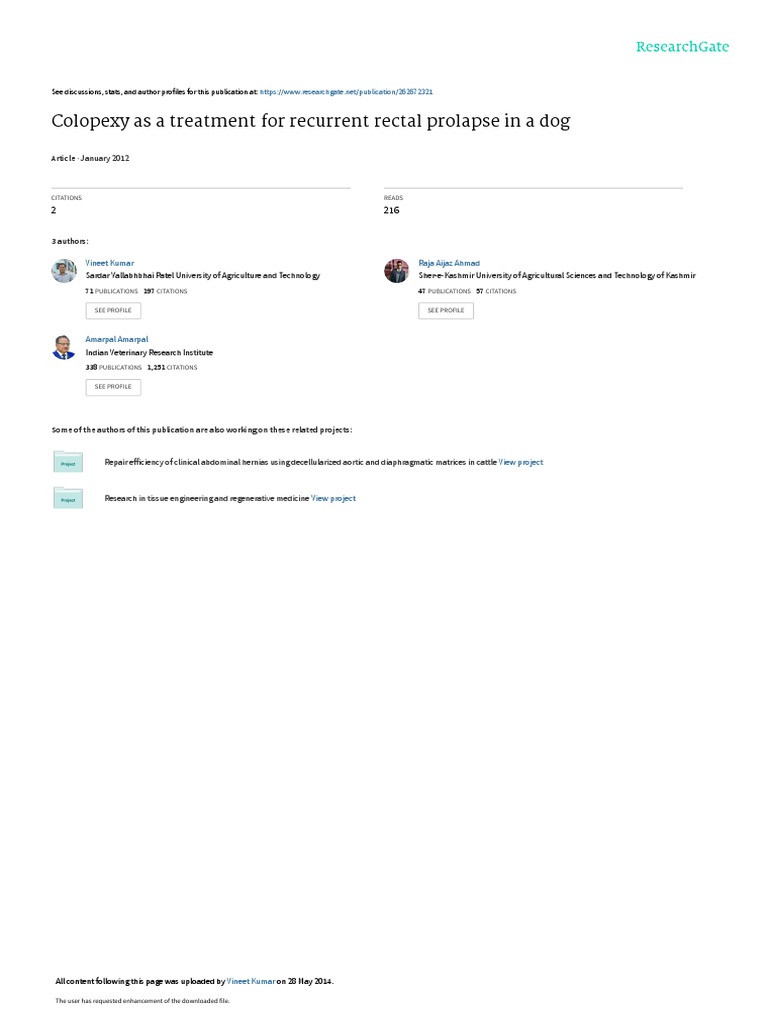 Colopexy As A Treatment For Recurrent Rectal Prolapse in A Dog | PDF