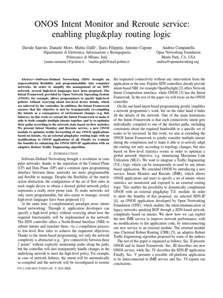 ONOS Intent Monitor and Reroute Service: Enabling Plug&play Routing Logic | PDF | Routing ...