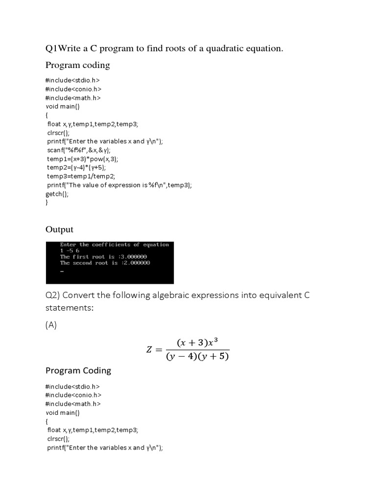 Q1write A C Program To Find Roots Of A Quadratic Equation Program Coding Pdf Elementary