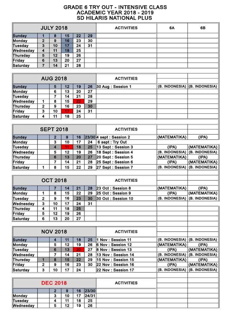Intensive Class Calendar | PDF