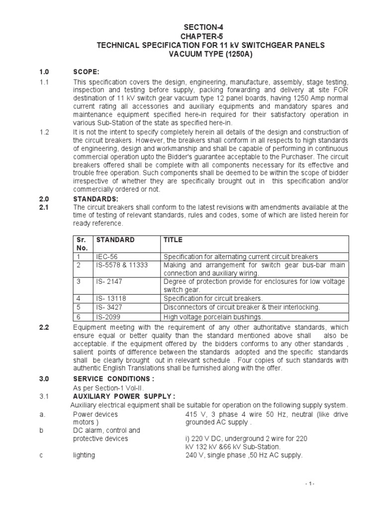 Section-4 Chapter-5 Technical Specification For 11 KV Switchgear Panels ...