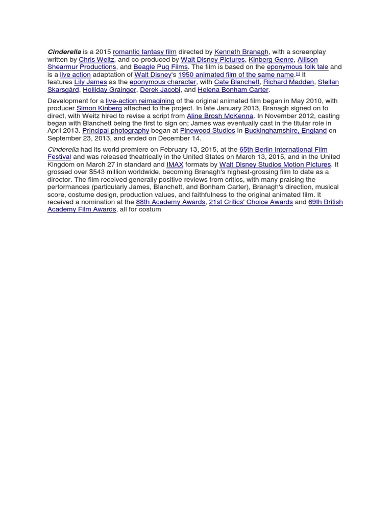 Cinderella 2015 Film Release Details | PDF