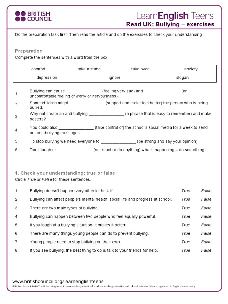 Bullying - Exercises | PDF | Bullying | Anxiety