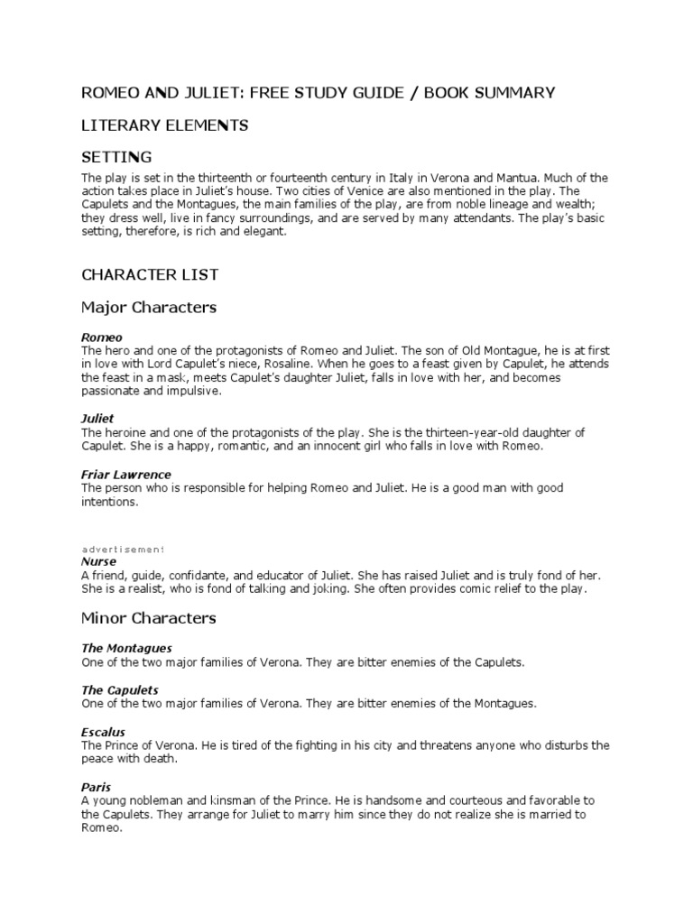 Romeo and Juliet: Free Study Guide / Book Summary Literary Elements ...