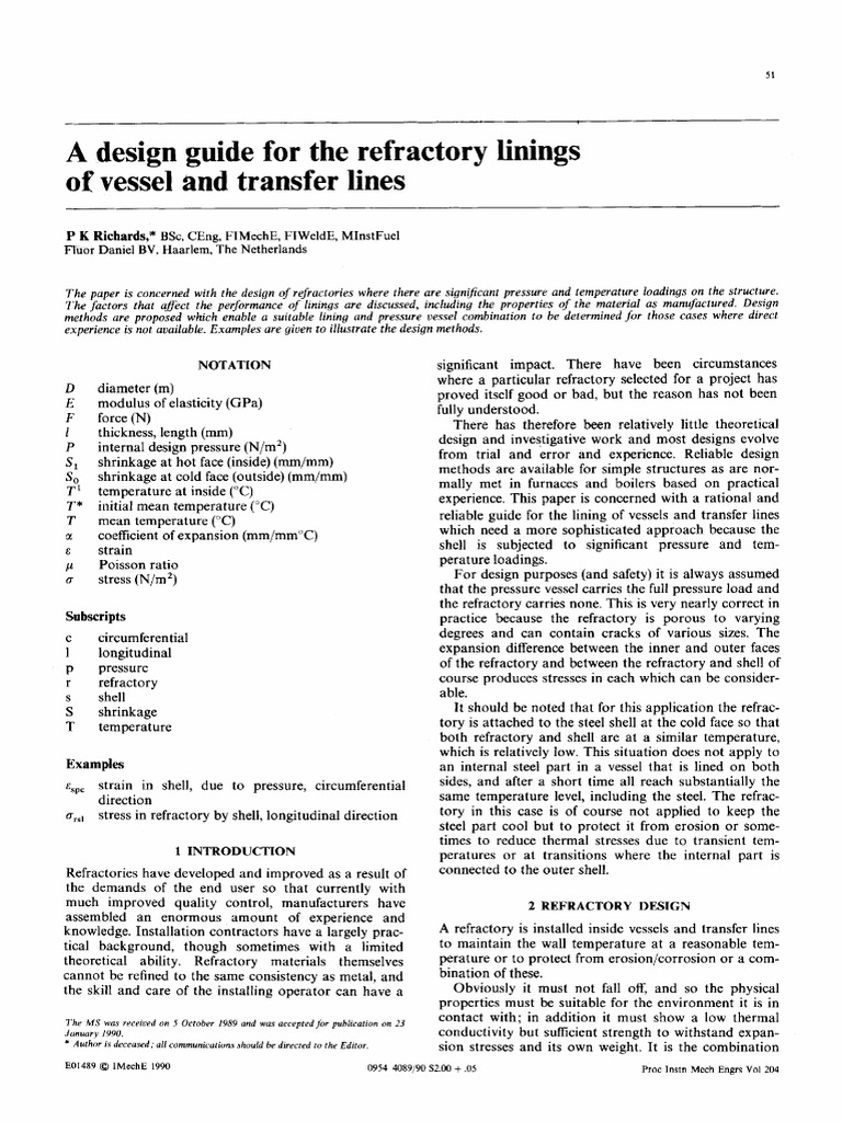A Design Guide For The Refractory Linings Vesselpnd Transfer Lines ...