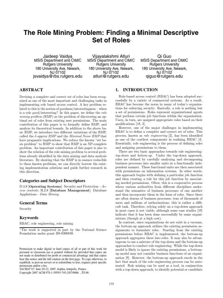 The Role Mining Problem Finding A Minimal Descriptive Set Of Roles Pdf Computational