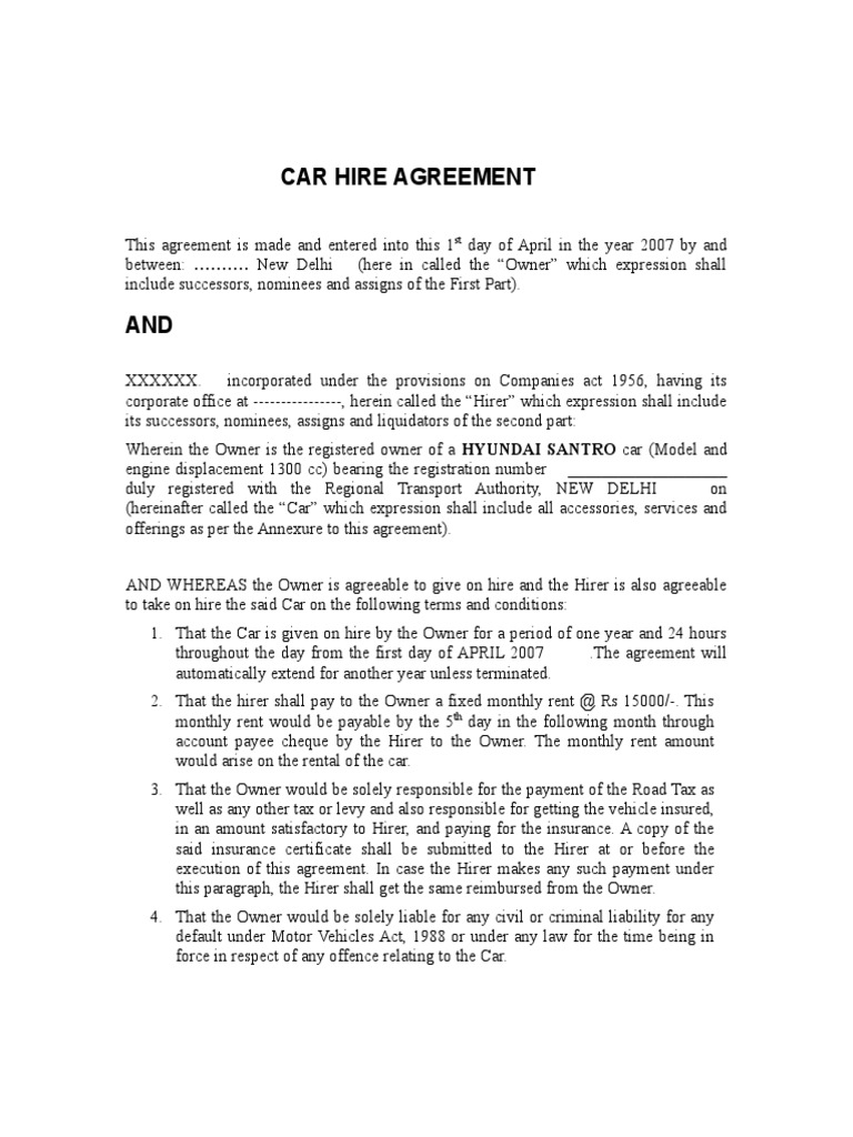 Car Hire Agreement - Draft | PDF | Private Law | Government