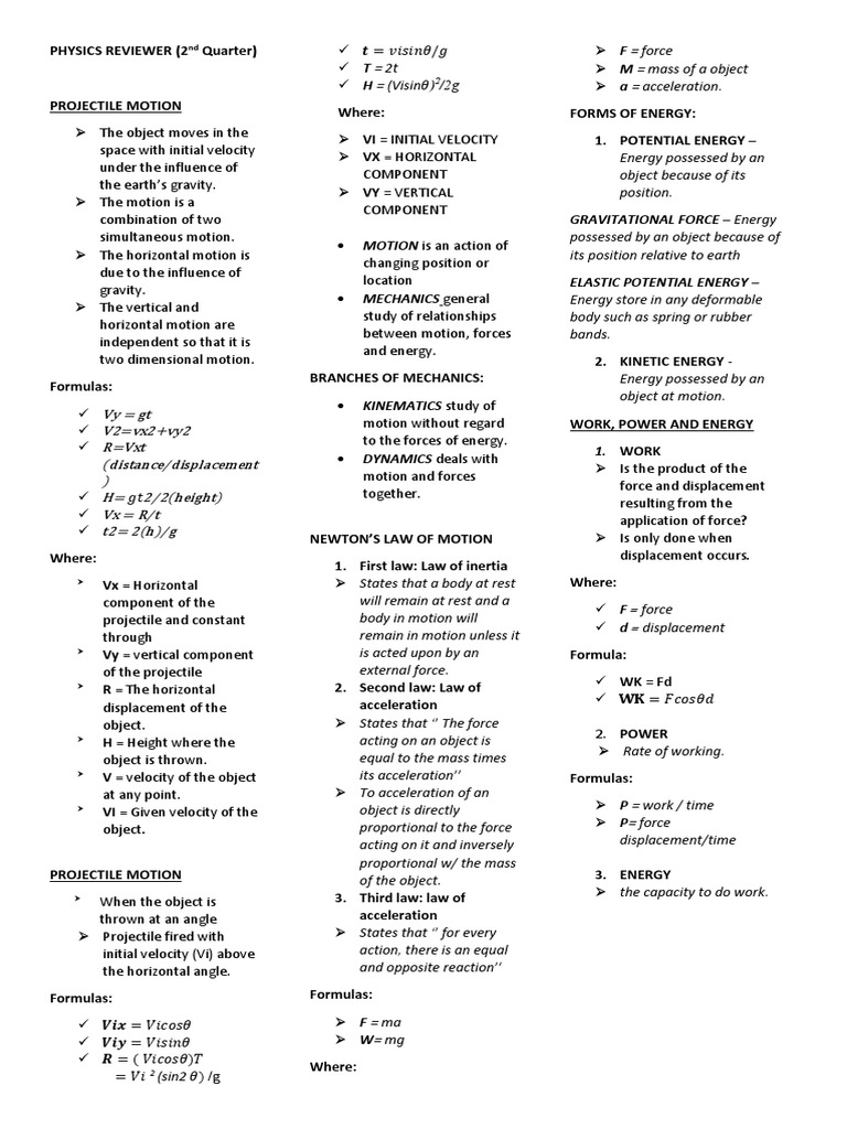 Grade 12 Physics 2nd Quarter Reviewer | PDF | Acceleration | Force