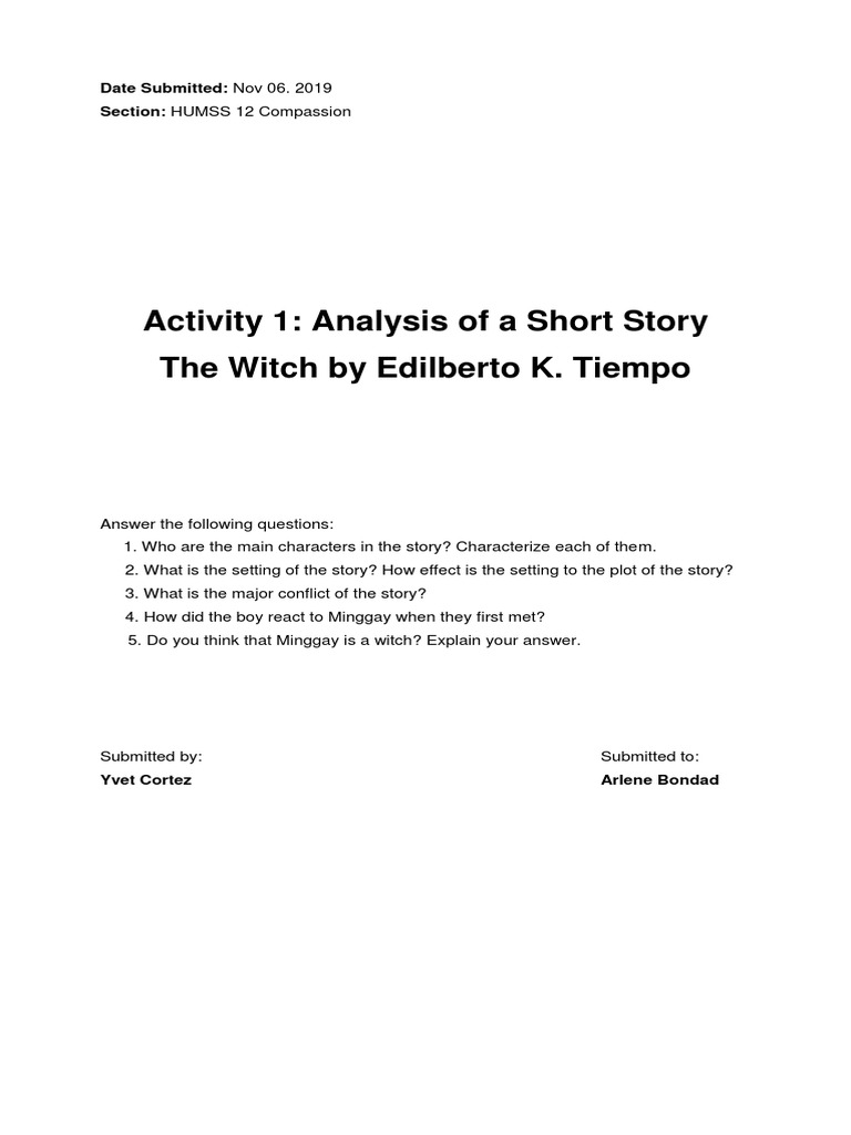 Activity 1: Analysis of a Short Story The Witch by Edilberto K. Tiempo