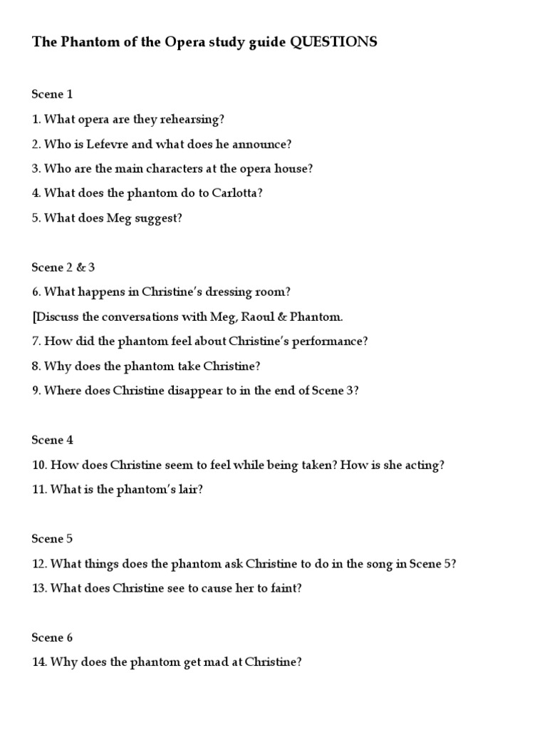 The Phantom of The Opera Study Guide QUESTIONS | PDF | The Phantom Of ...