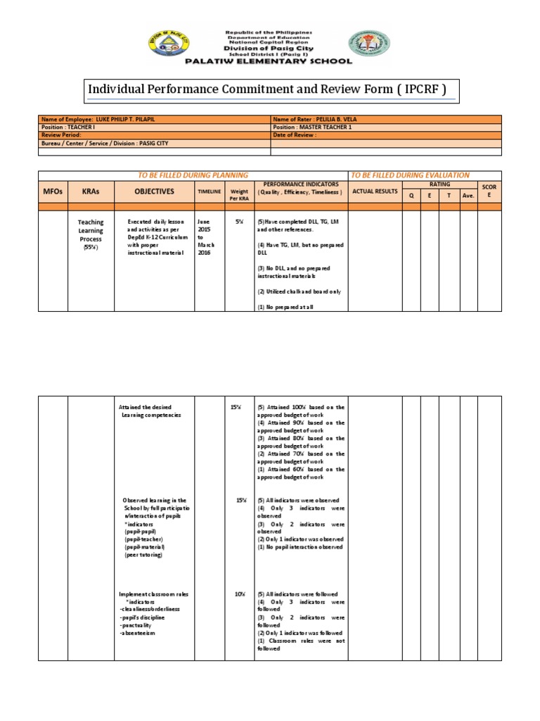 Individual Performance Commitment and Review Form (IPCRF) : To Be ...