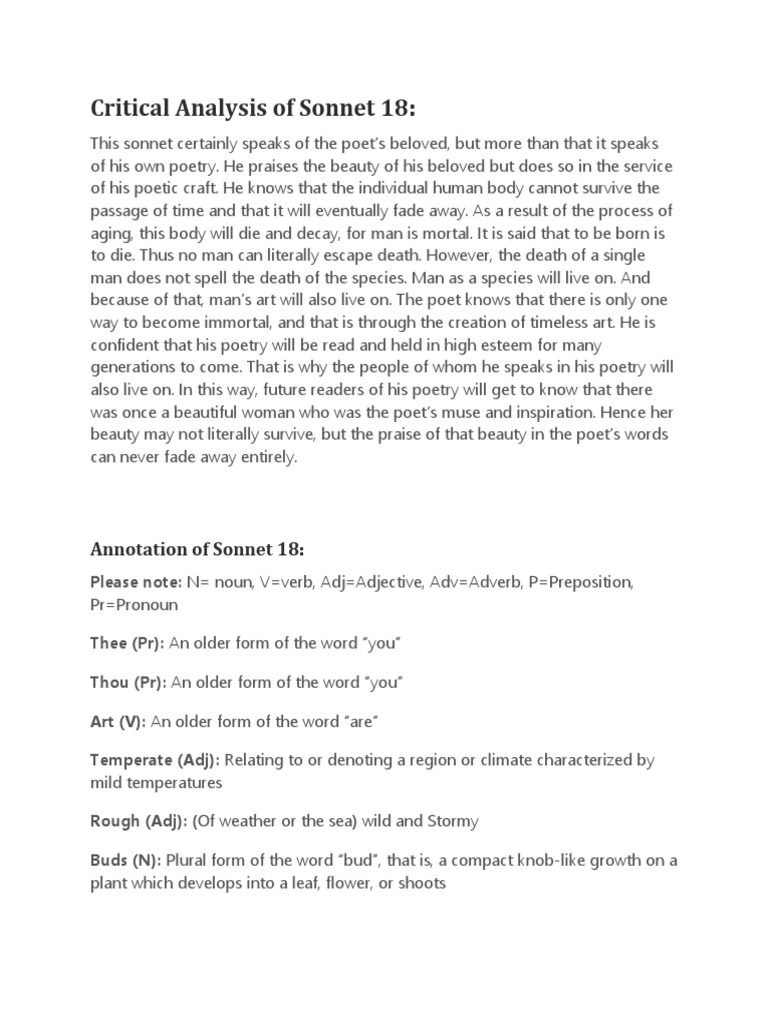 Critical Analysis of Sonnet 18 | Download Free PDF | Sonnets | Shakespeare's Sonnets