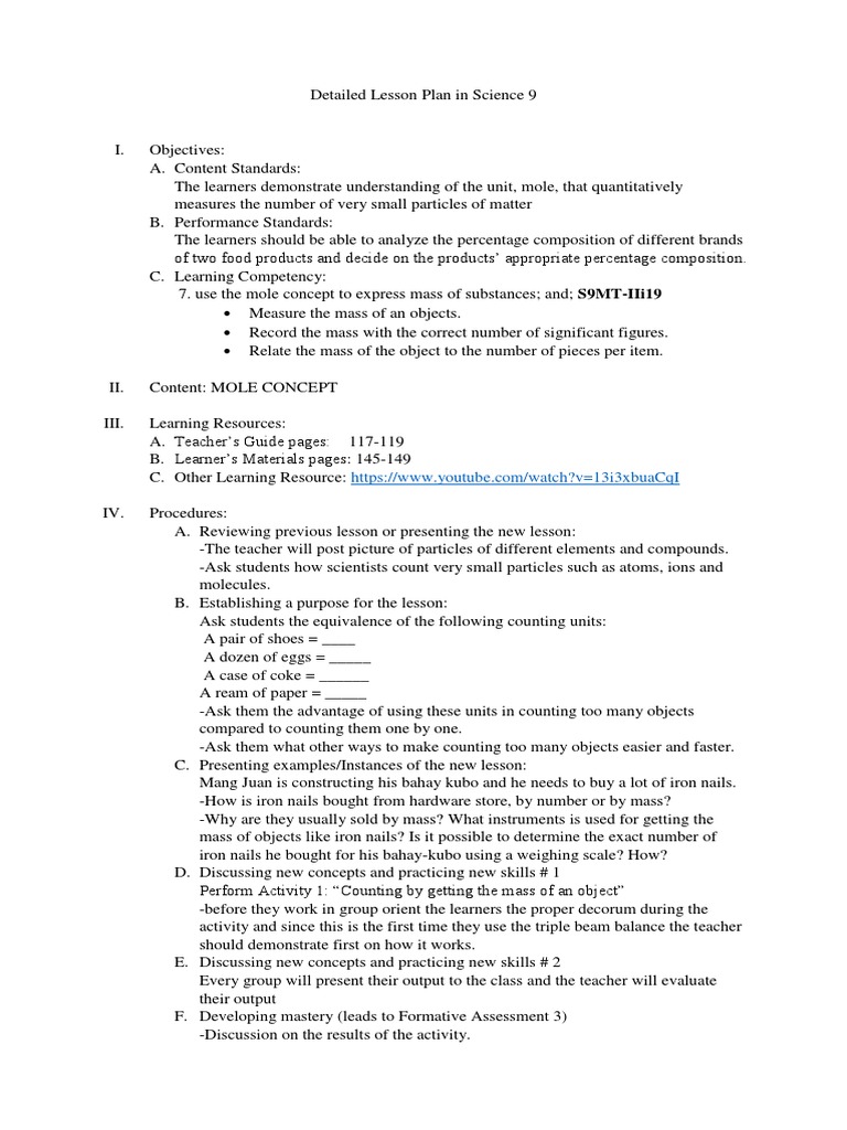 Detailed Lesson Plan in Science 9 | PDF | Mole (Unit) | Lesson Plan