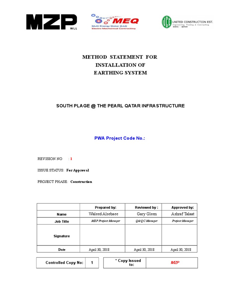 Method Statement For Installation of Earthing System: South Plage at ...