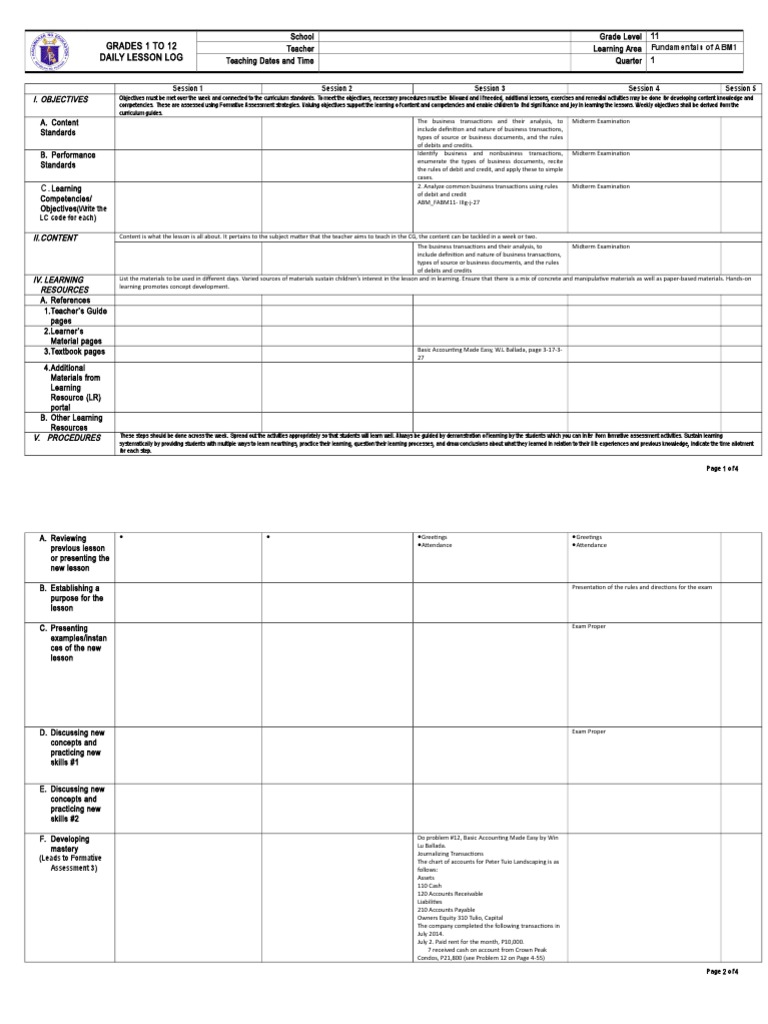 Grades 1 To 12 Daily Lesson Log: I. Objectives | PDF | Learning | Teachers
